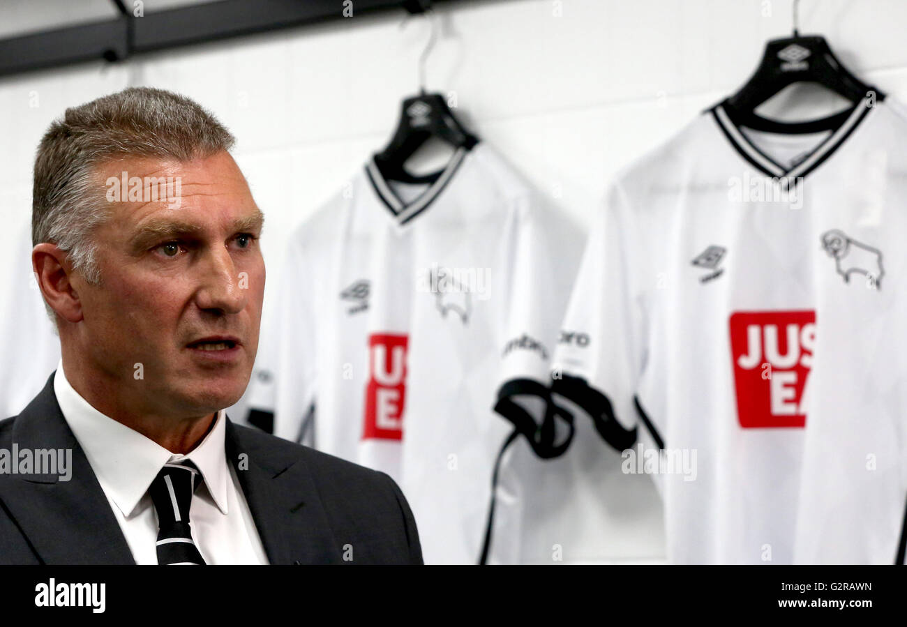 Derby County manager Nigel Pearson is interviewed after a press ...