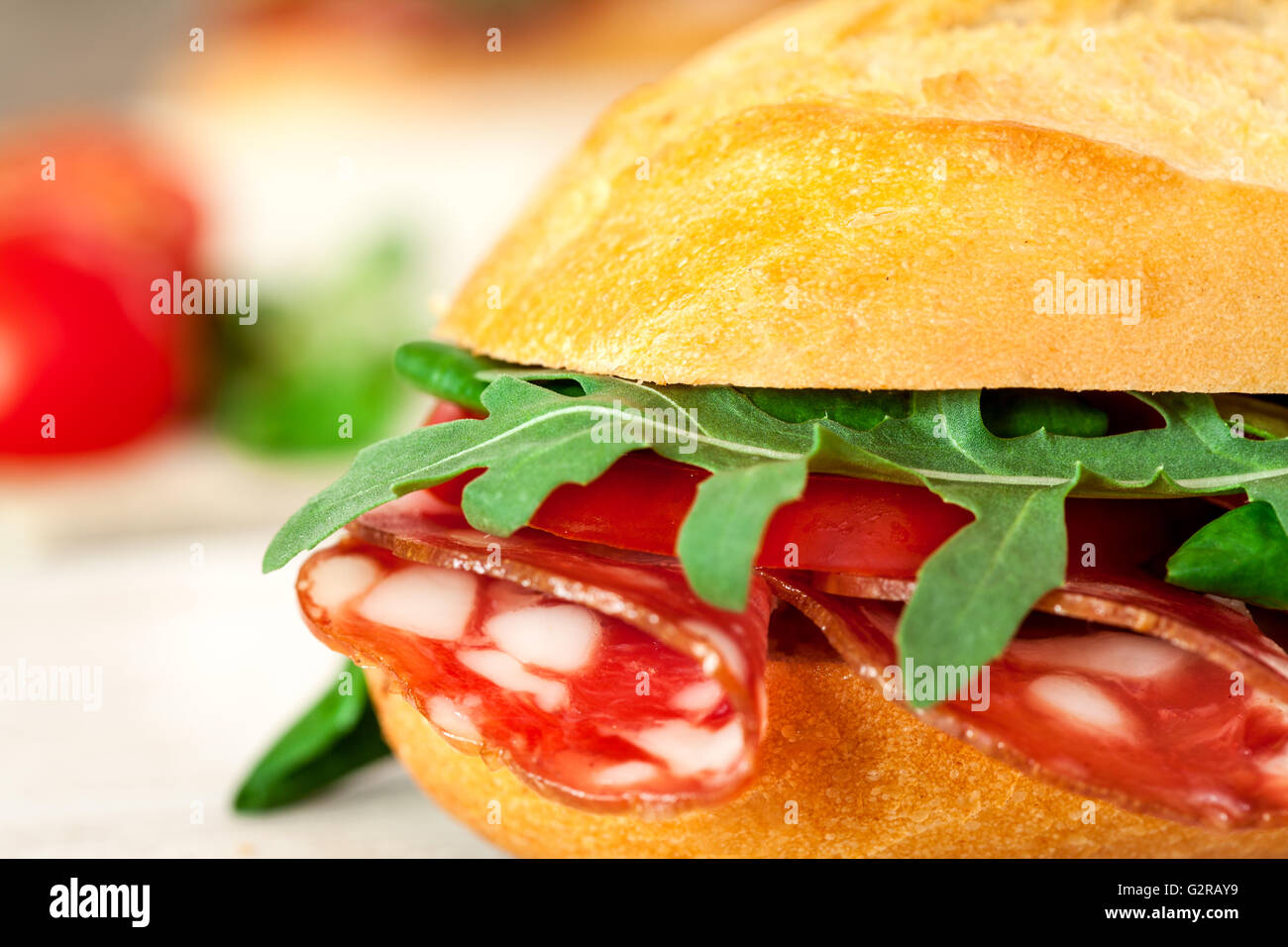 Baguette Sandwich with pepperoni Stock Photo - Alamy