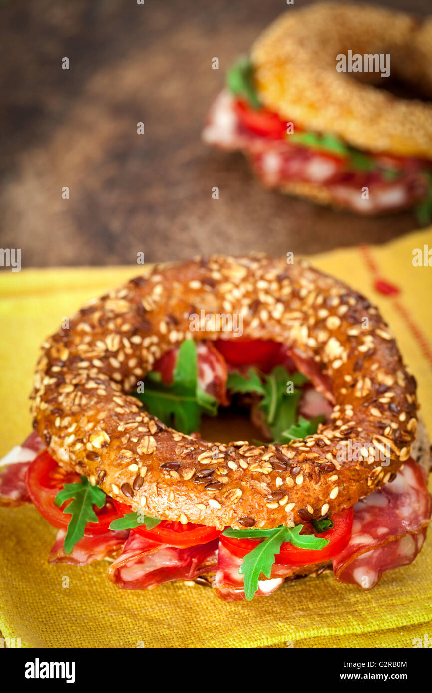 Bagel sandwich with pepperoni Stock Photo - Alamy