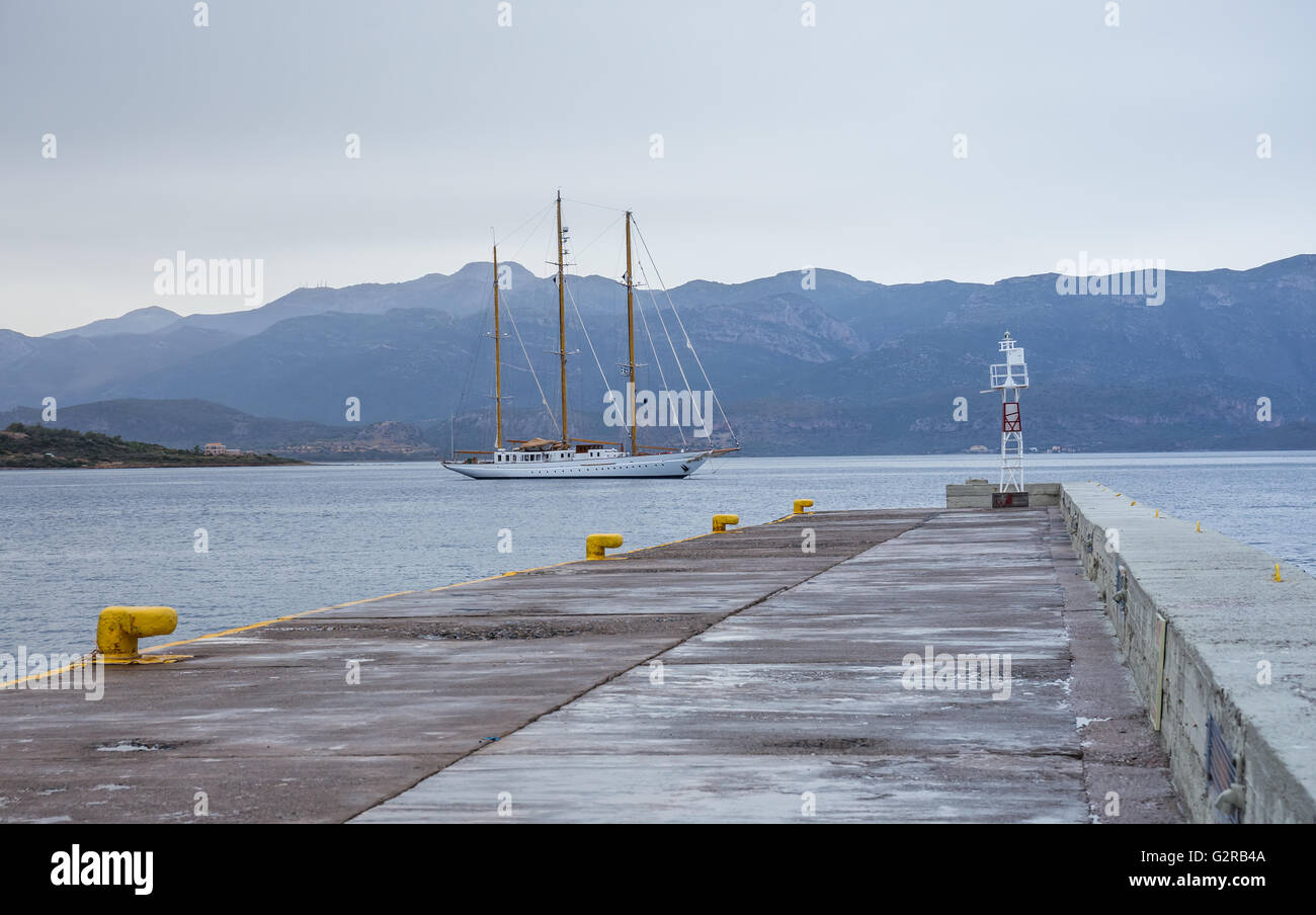 three masted sailing ship in Monemvasia bay Stock Photo - Alamy