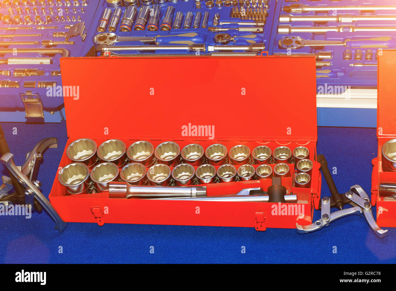 Toolboxes and toolkit in the shop Stock Photo - Alamy