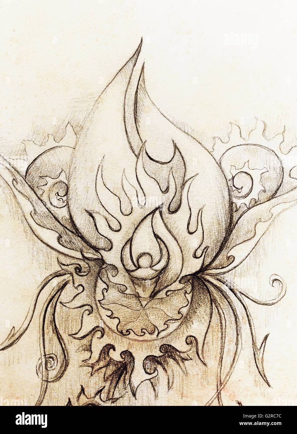 Color drawing of ornamental flower structure. Original hand drawn on ...