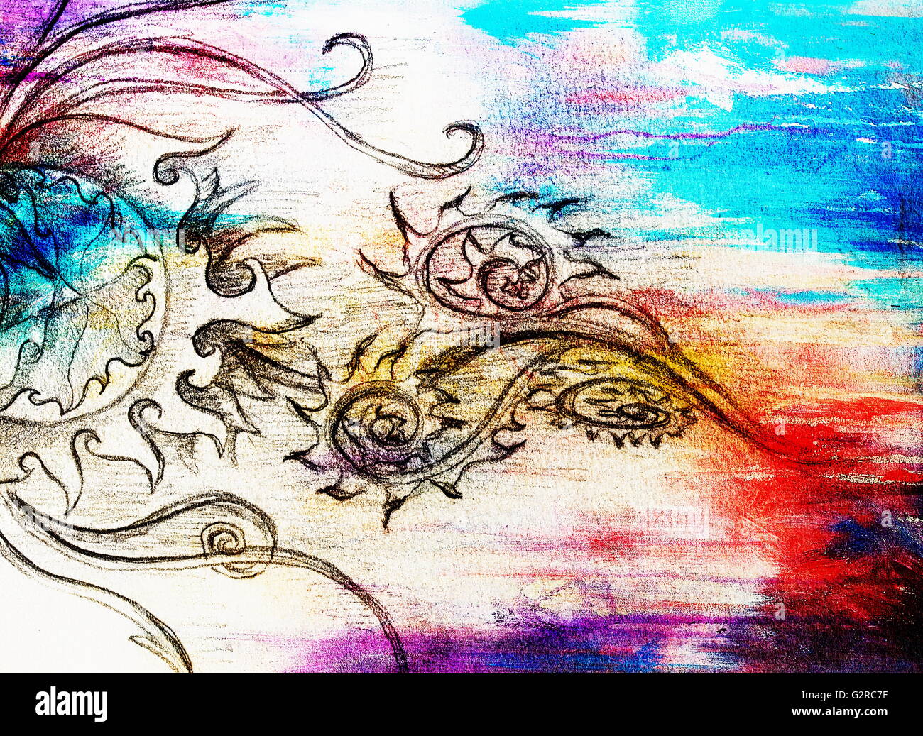 Ornamental Drawing. Original hand draw and computer collage. Color ...