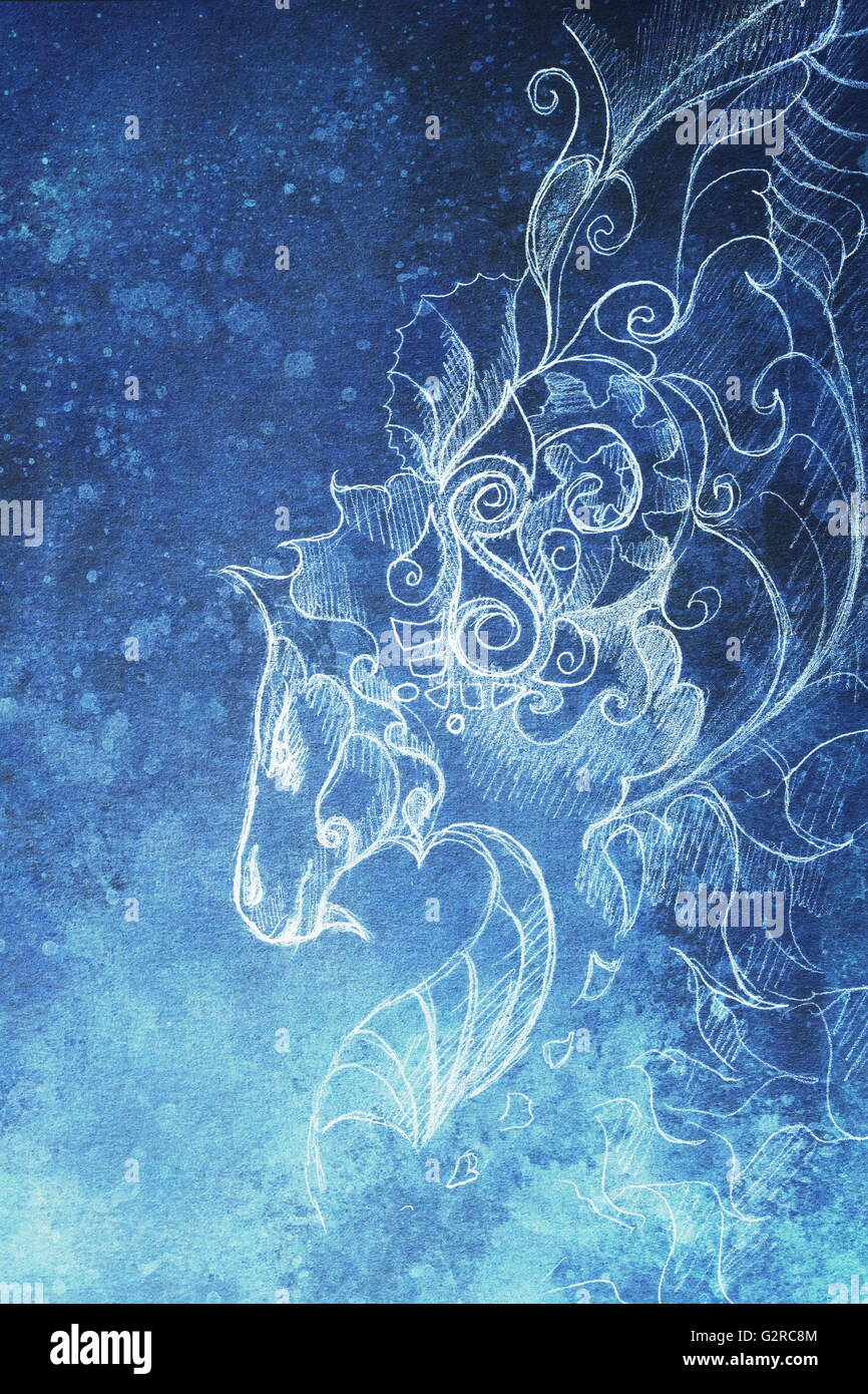 Drawing of ornamental dragon. computer collage and blue color structure ...