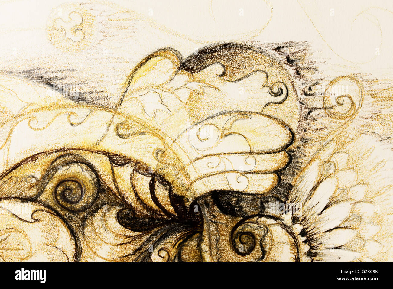 ornamental filigran drawing on paper with spirals, flower petals and ...