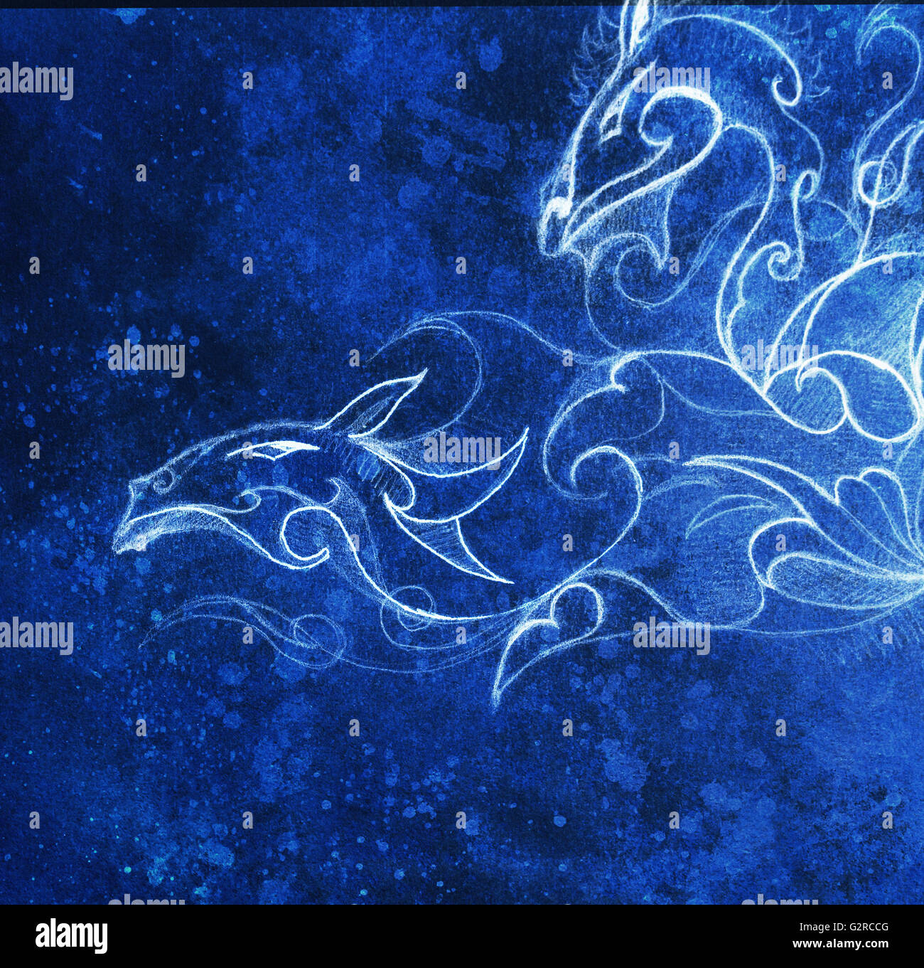 Drawing of ornamental dragon. computer collage and blue color structure ...