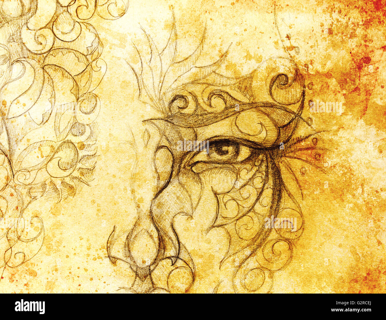 mystic man face with floral ornament. Drawing on paper, Color effect ...