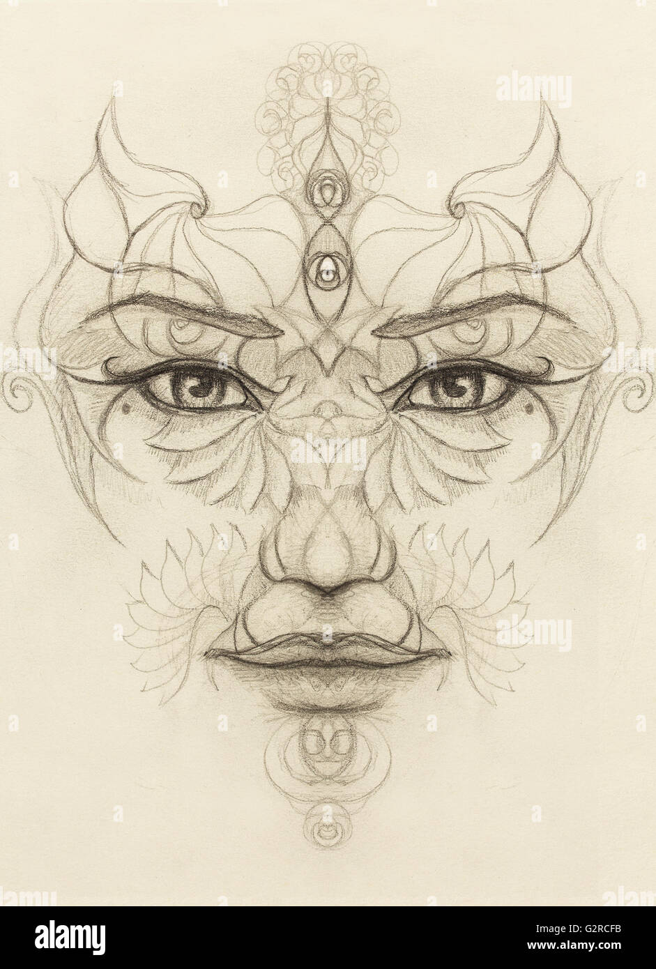 mystic woman face with floral ornament. Drawing on paper, Eye contact ...