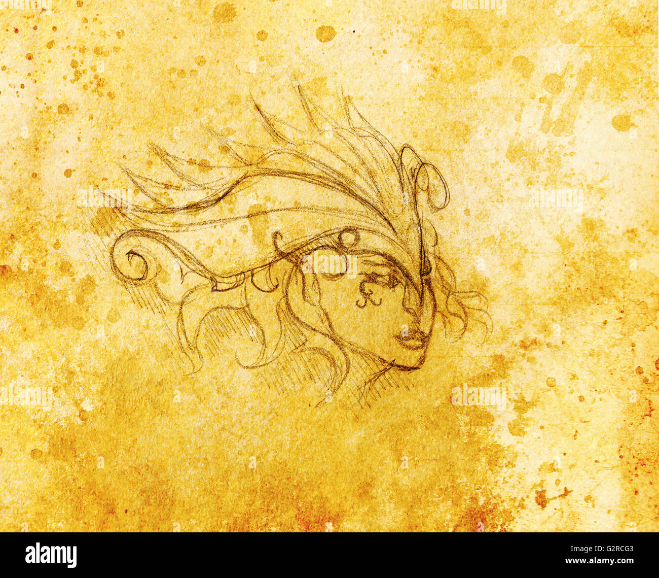 mystic woman face and headband. pencil drawing on paper, Color effect ...