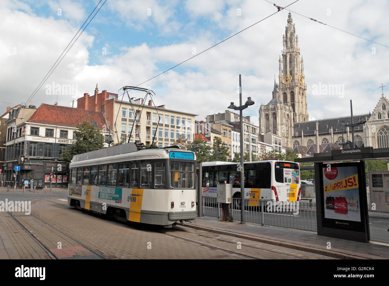 Electric trams waiting at the main tram stop in Groenplaats Antwerp ...