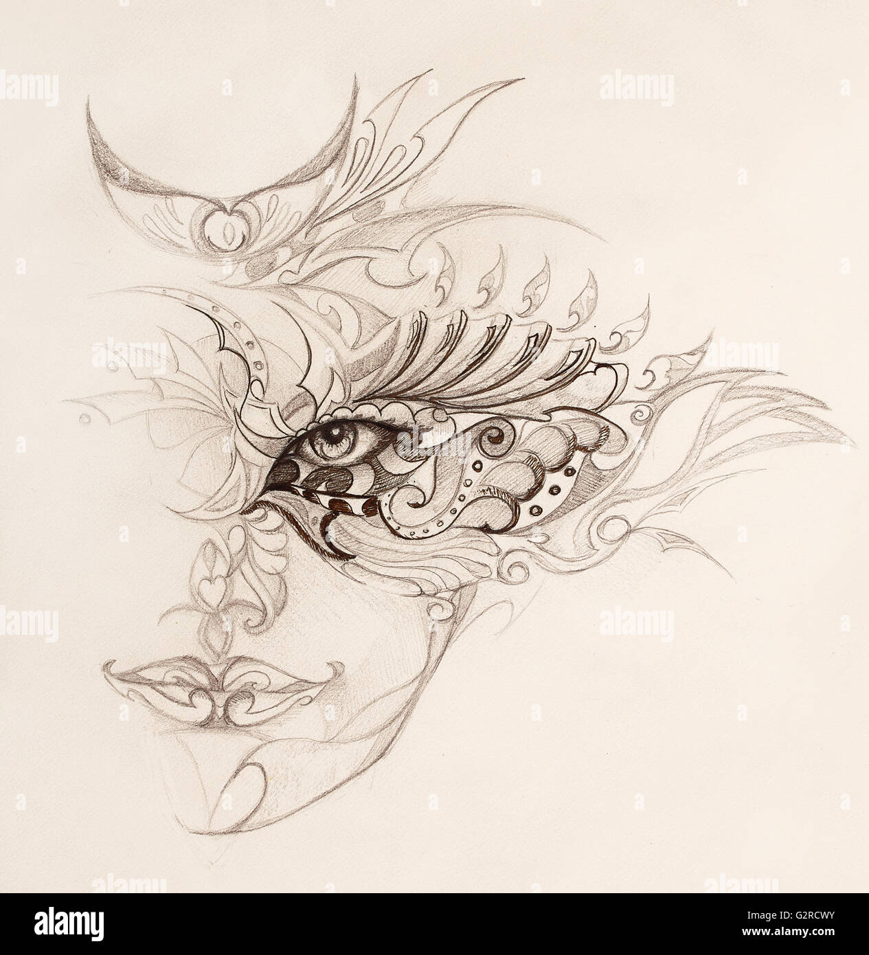 mystic woman face with floral ornament. Drawing on paper, Color effect ...
