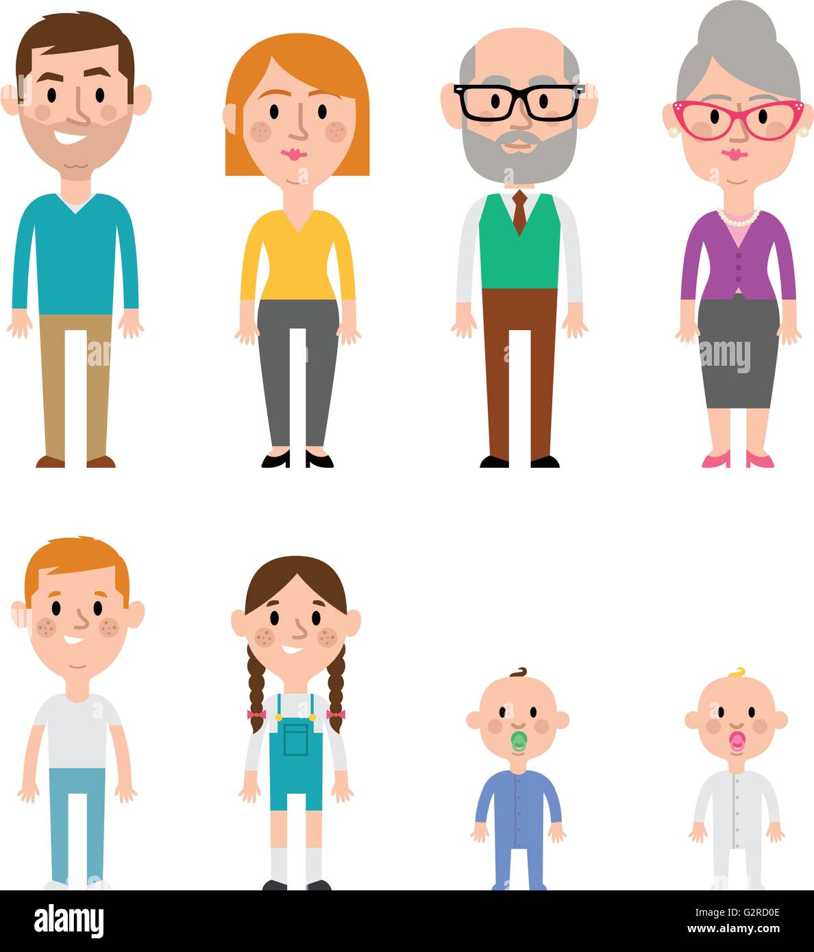 Flat Vector Caucasian Family Members. Parents, Grandparents, Children and Baby Stock Vector ...