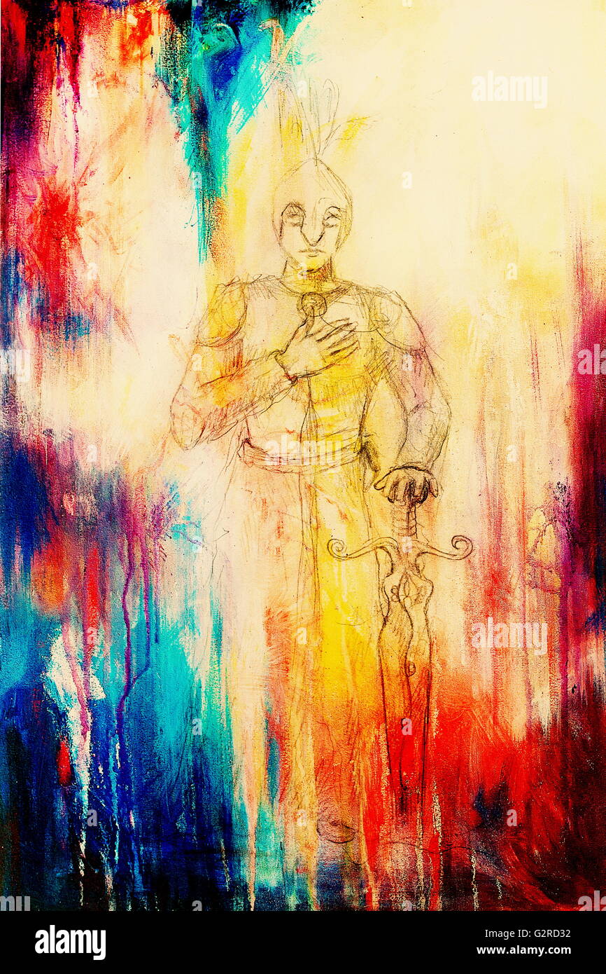 Drawing of knight with sword, pencil sketch on paper, sepia and vintage ...