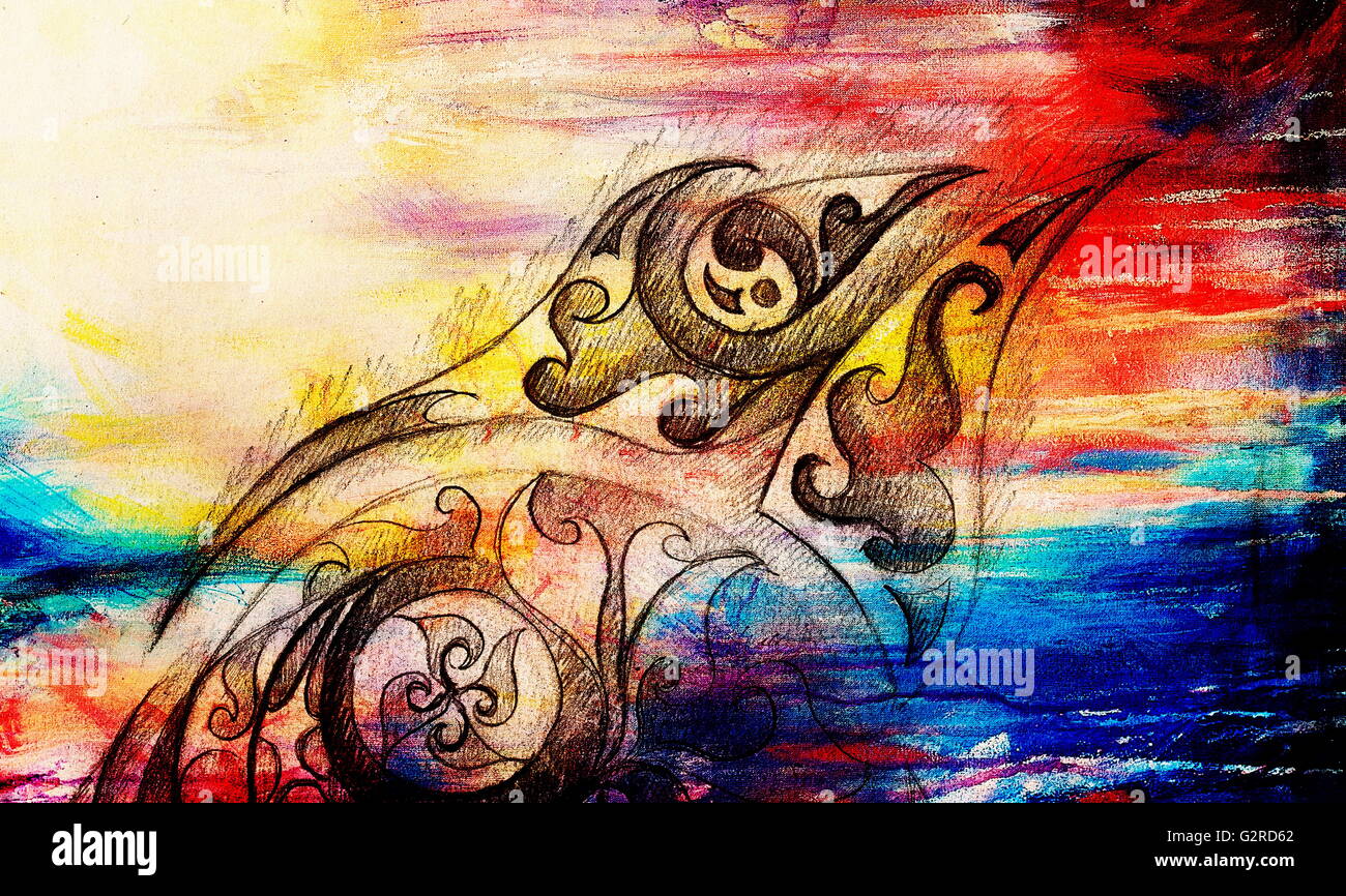 Ornamental Drawing. Original hand draw and computer collage. Color ...