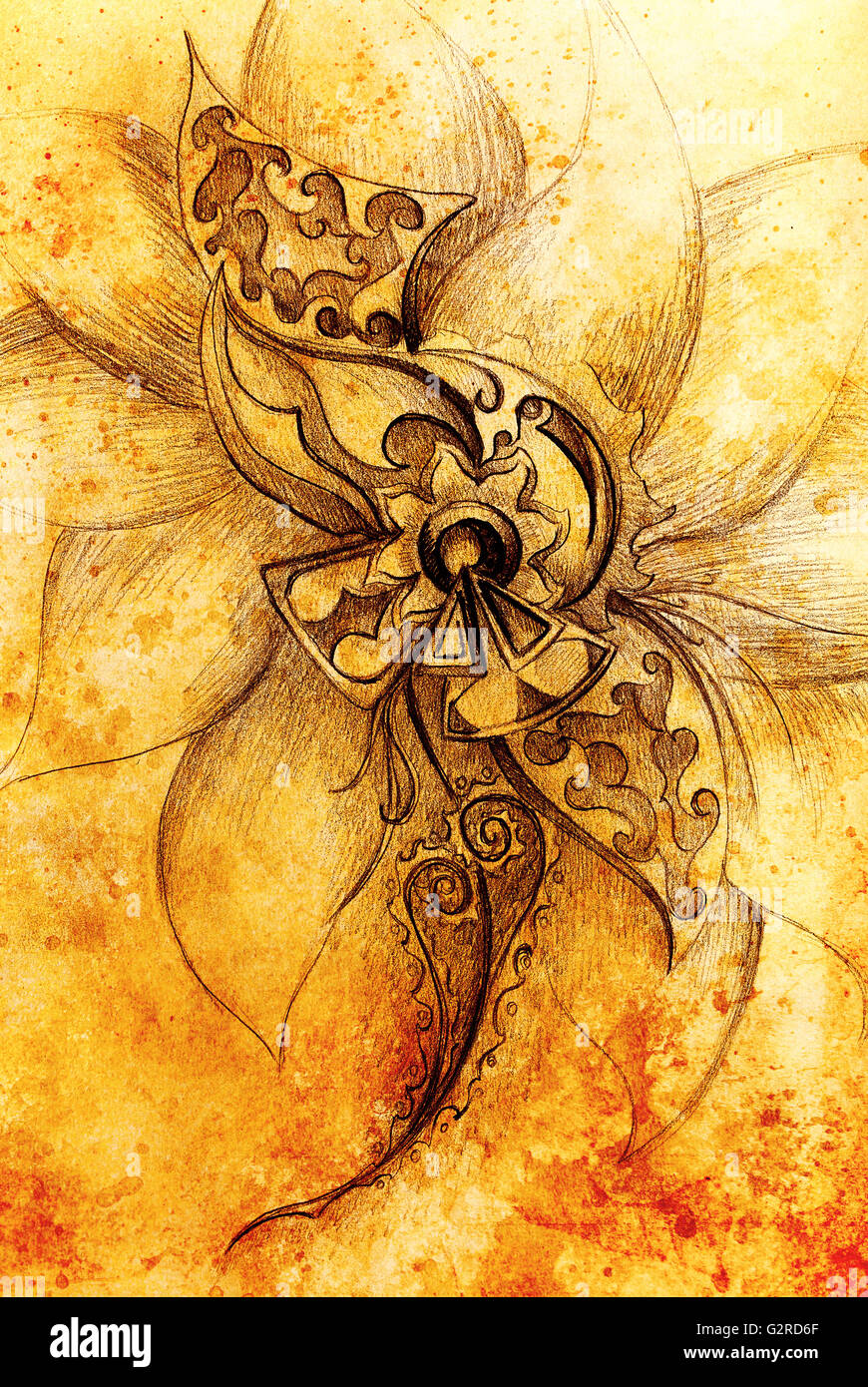 Color drawing of ornamental flower structure. Original hand drawn and ...