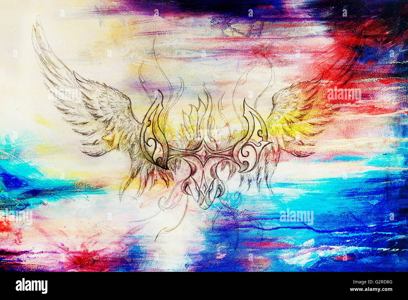 drawing of ornamental phoenix on old paper background computer collage ...