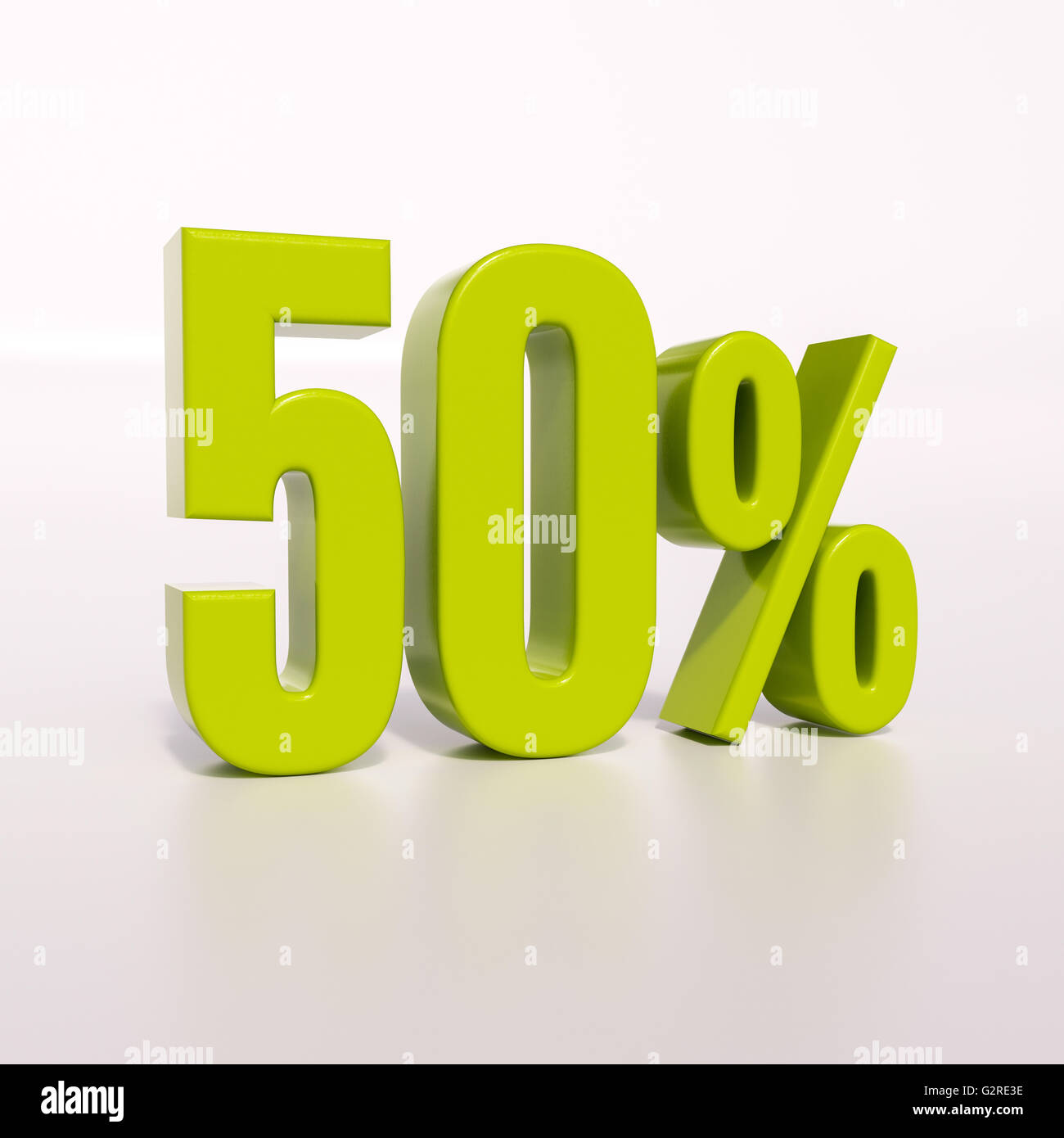 3d render: green 50 percent, percentage discount sign on white, 50 ...