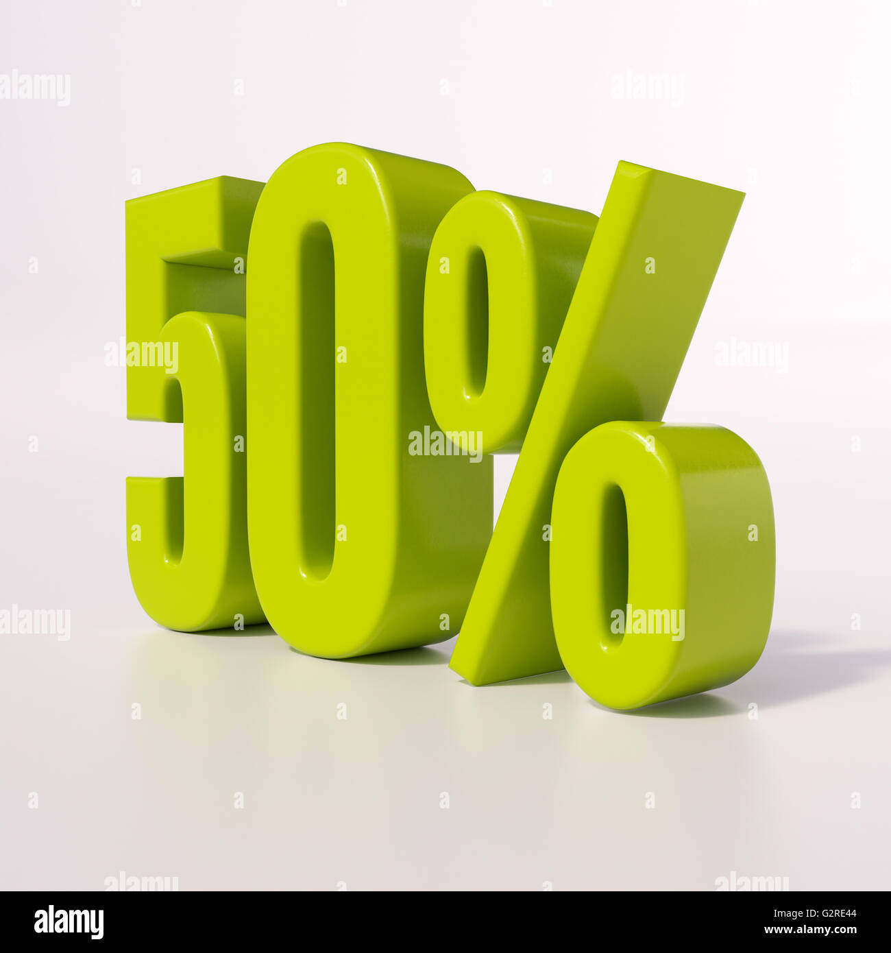 3d render: green 50 percent, percentage discount sign on white, 50 ...