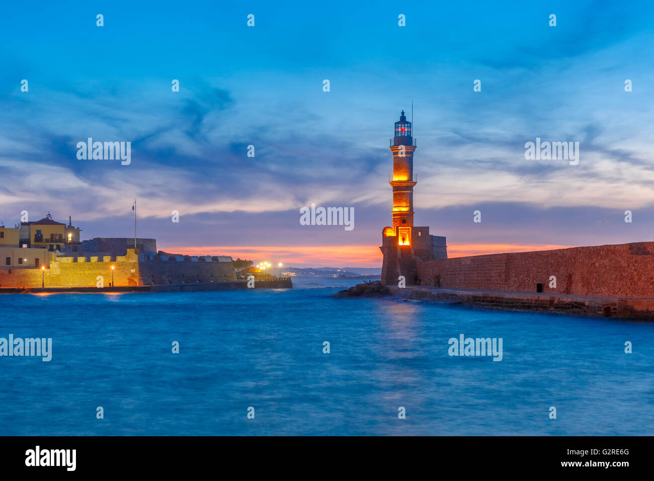 Lighthouse at sunset, Chania, Crete, Greece Stock Photo - Alamy