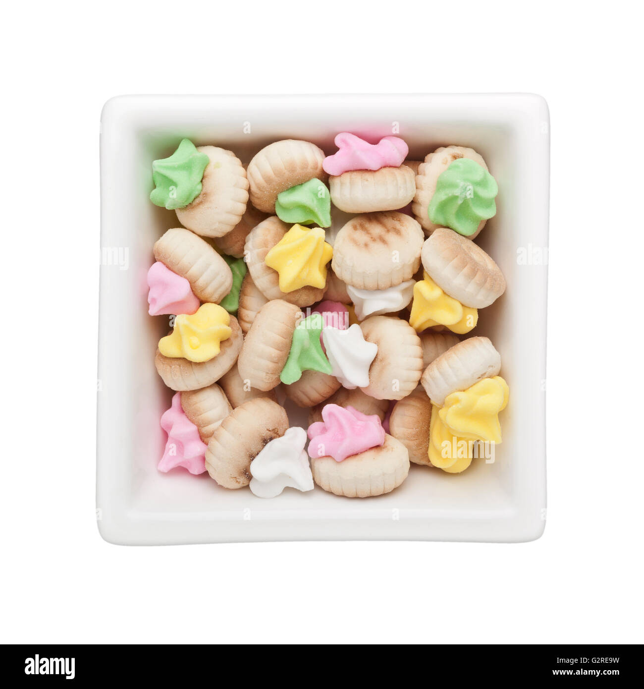 Iced gem biscuits in a square bowl isolated on white background Stock ...