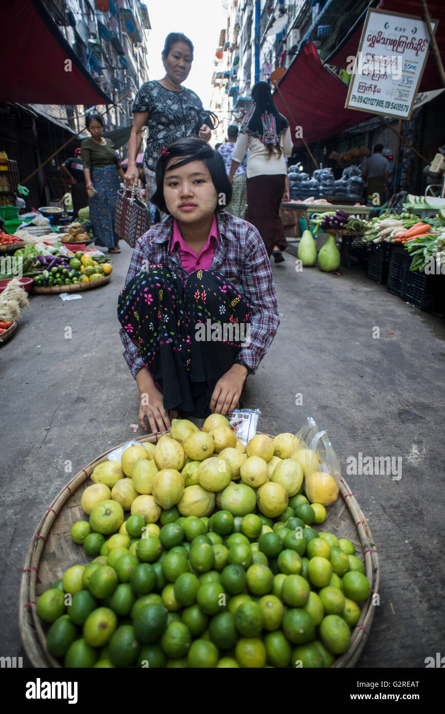 A fresh fruit vendor in a street Market of Yangon, Myanmar Stock Photo ...
