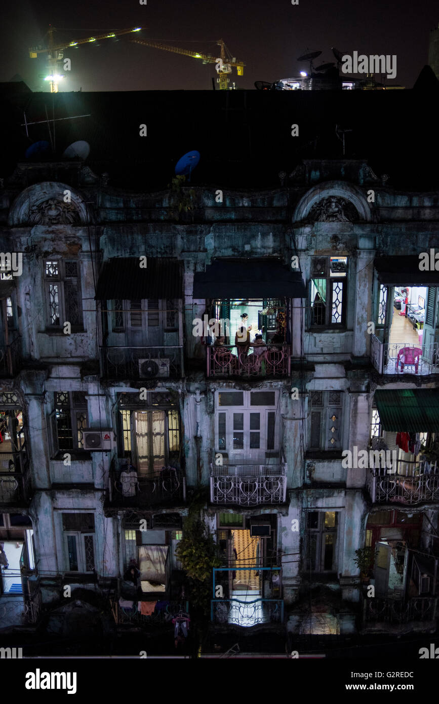 View of a block of buildings at nighttime in Yangon, Myanmar Stock ...