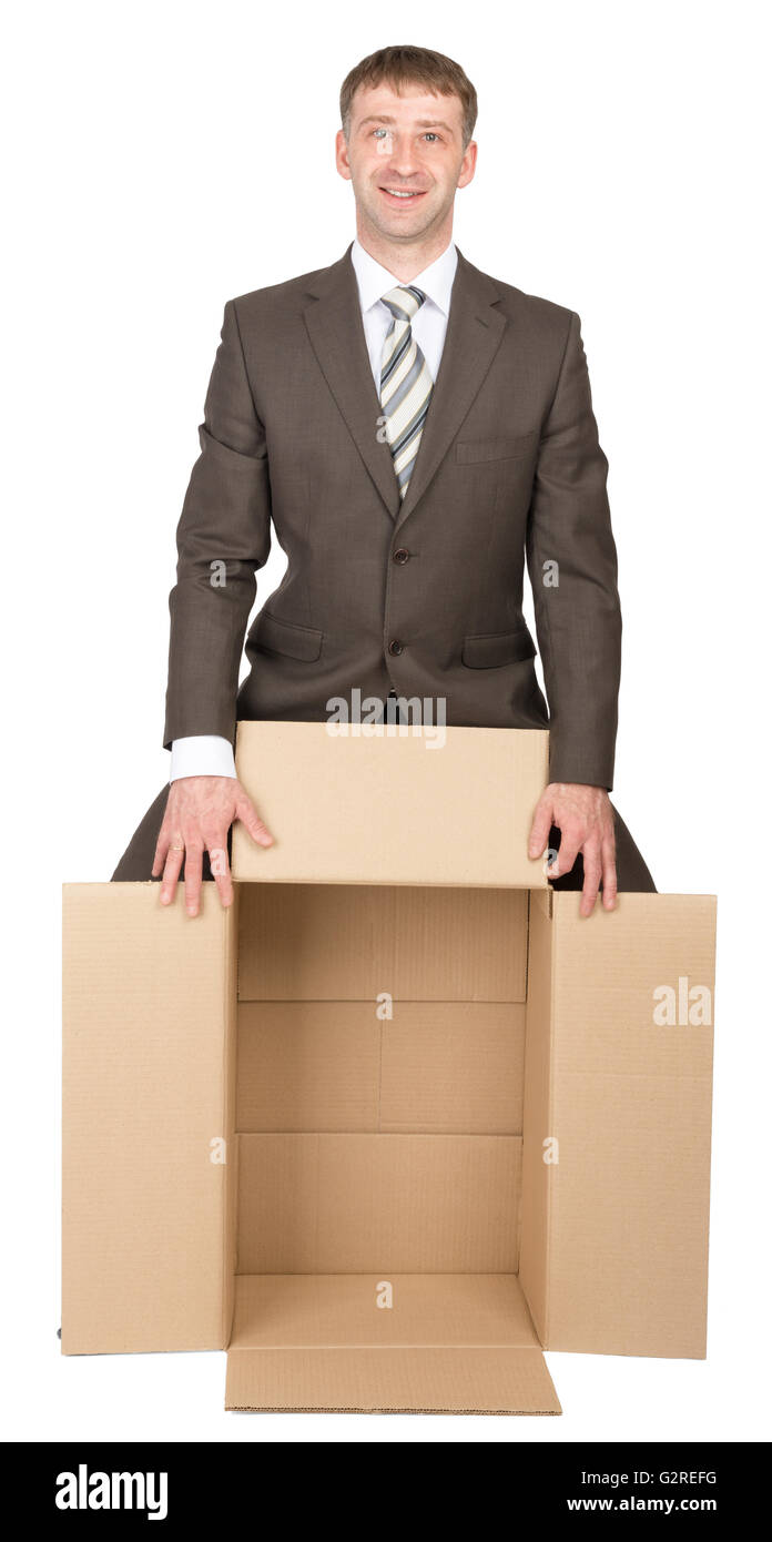 Business man holding empty box Stock Photo - Alamy