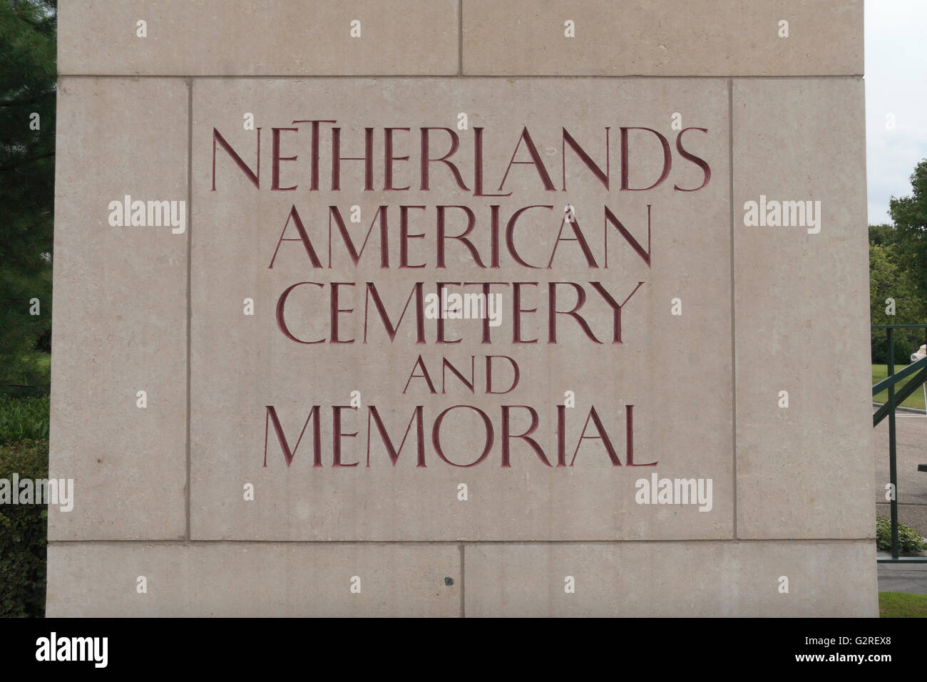 Entrance gate sign to the Netherlands American Cemetery and Memorial ...