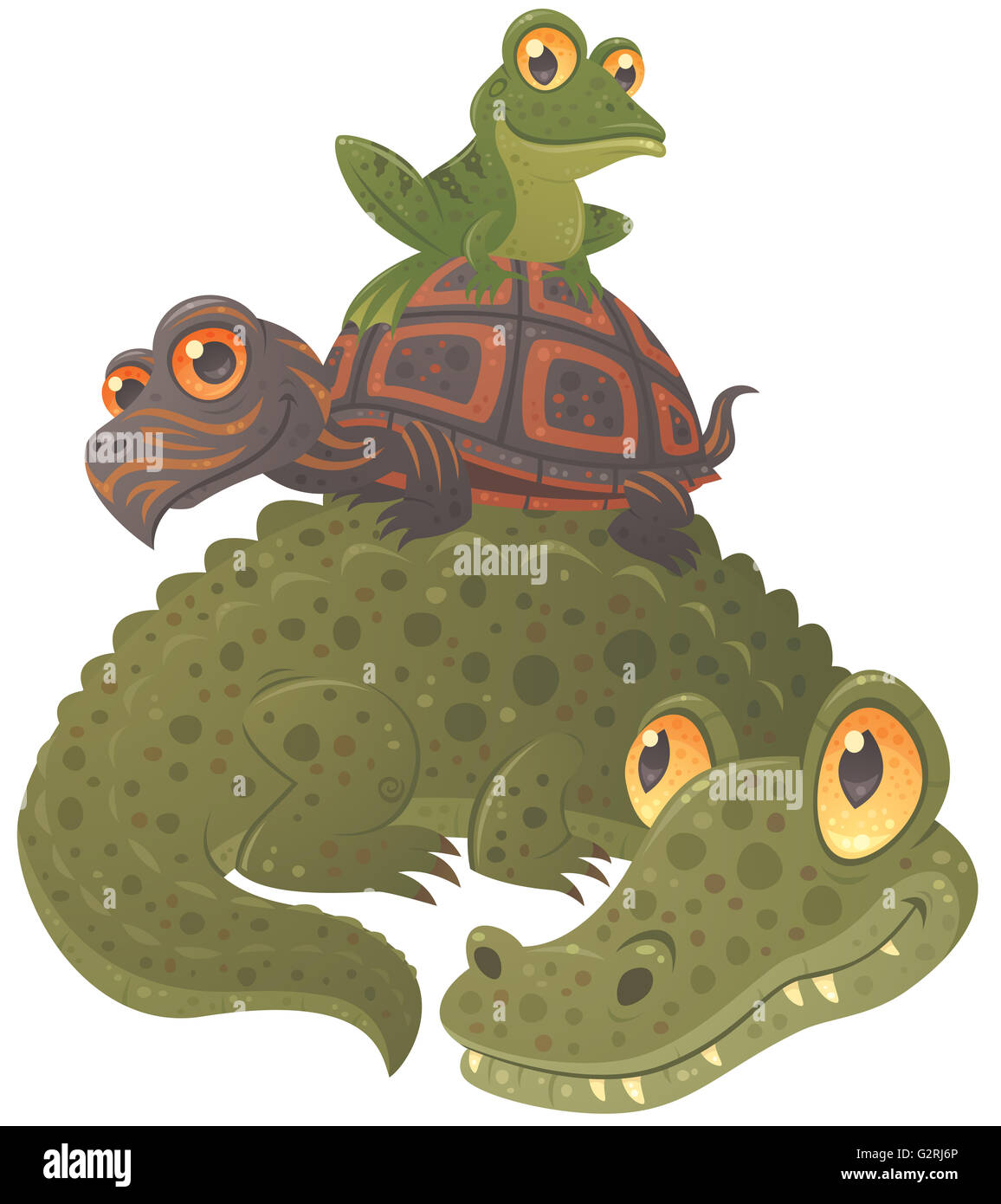 Cartoon vector illustration of an alligator, a turtle and a frog ...