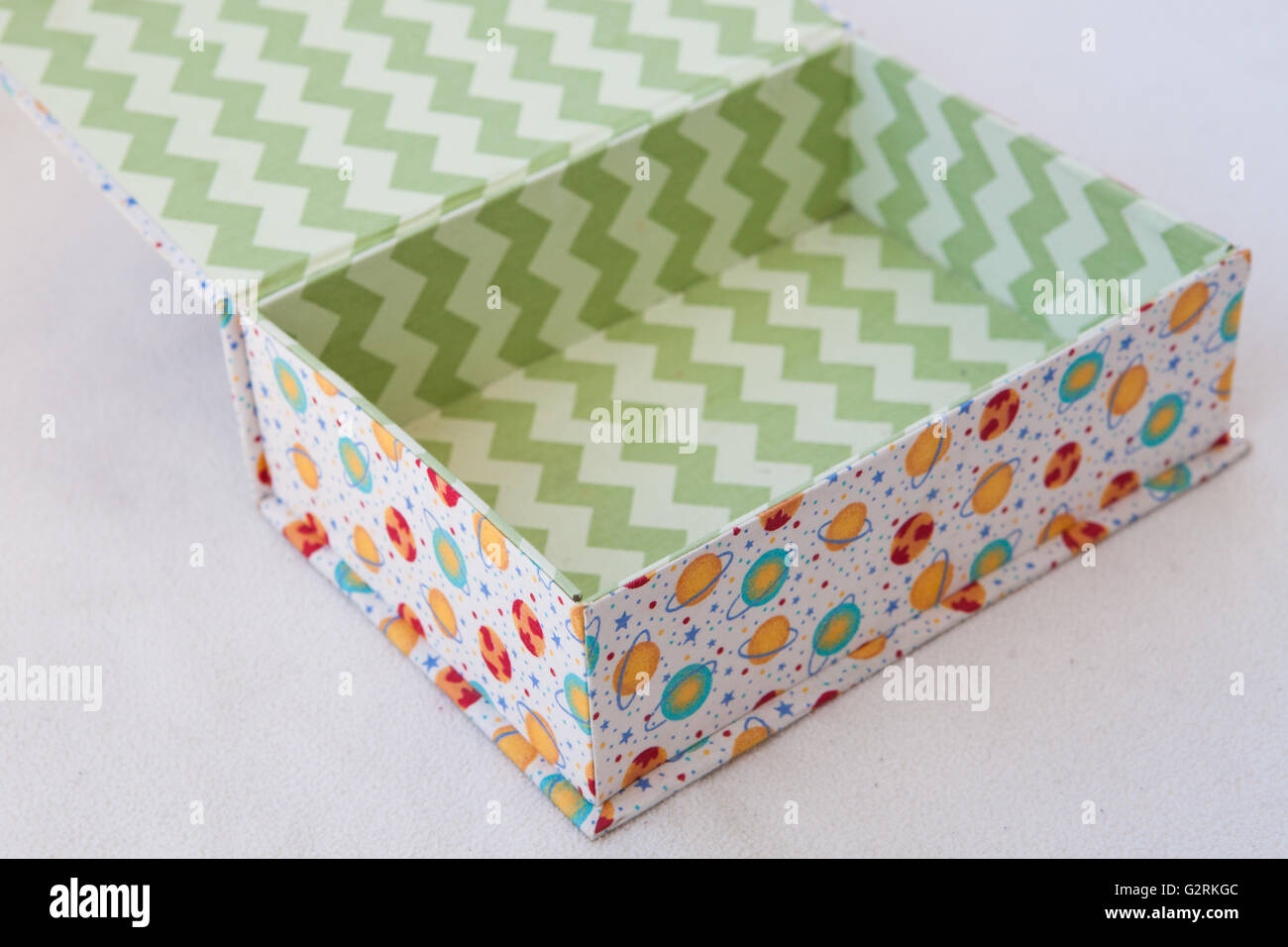 Empty present box with green inside and planets on the outside Stock ...