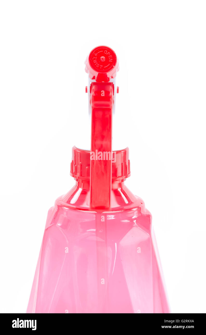 Red detergent bottles or chemical cleaning supplies on white Stock ...