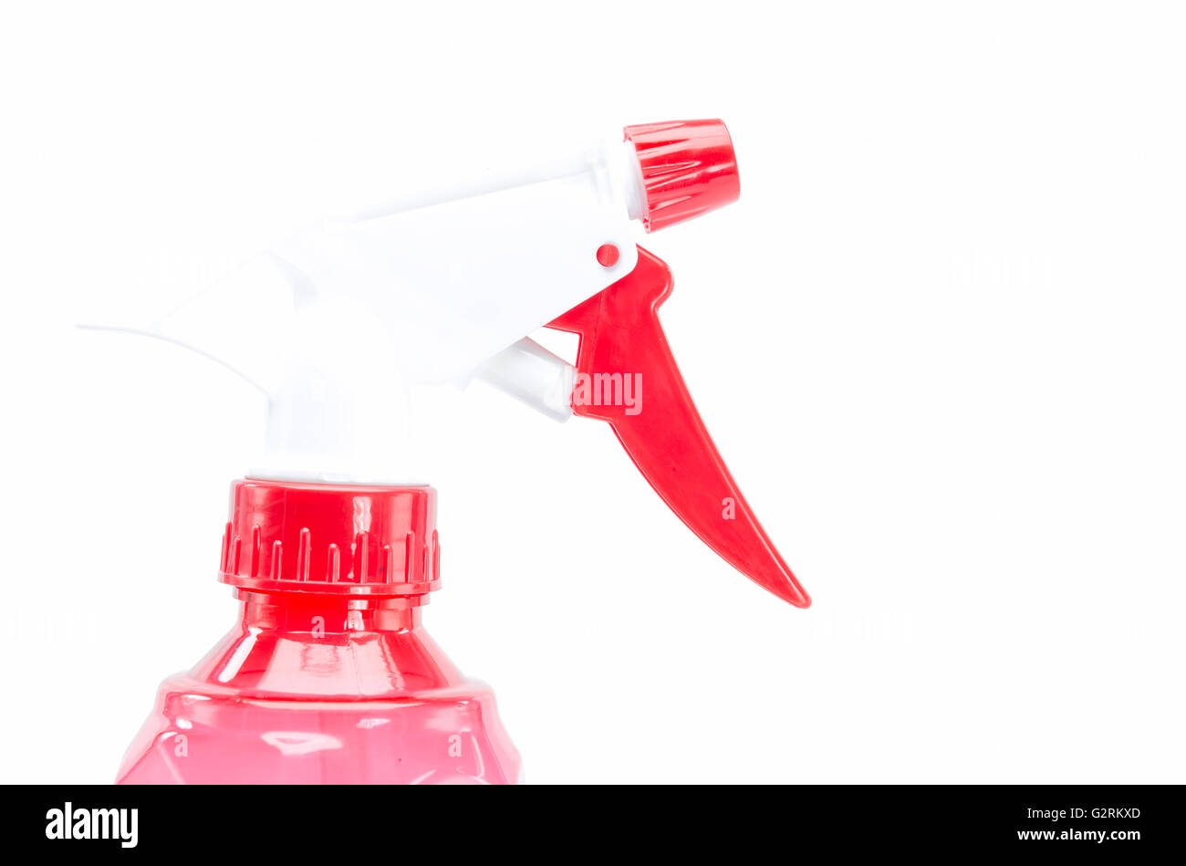 Red detergent bottles or chemical cleaning supplies on white Stock ...