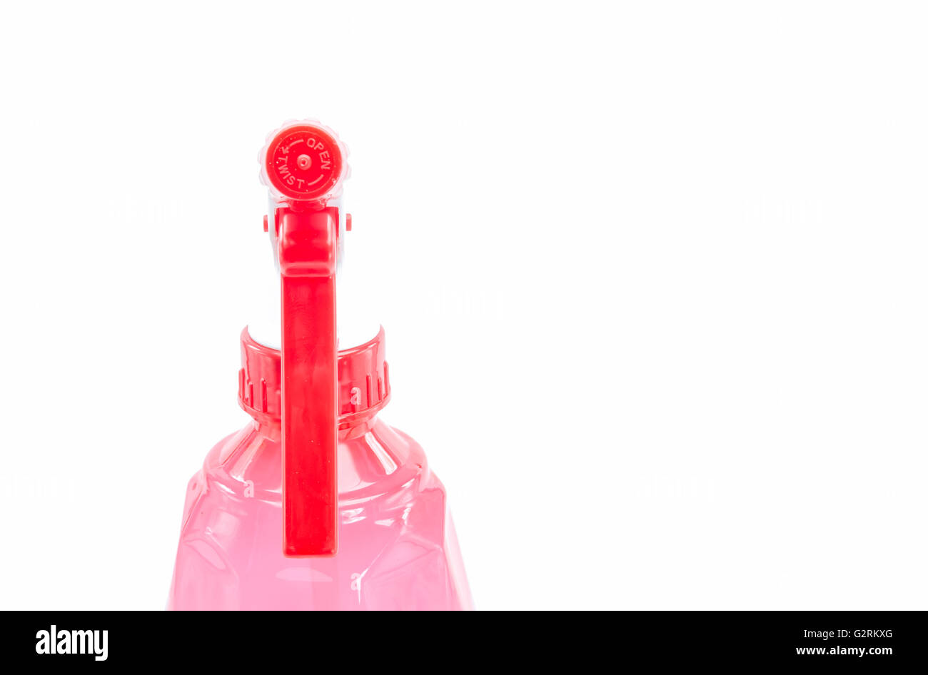 Red detergent bottles or chemical cleaning supplies on white Stock ...