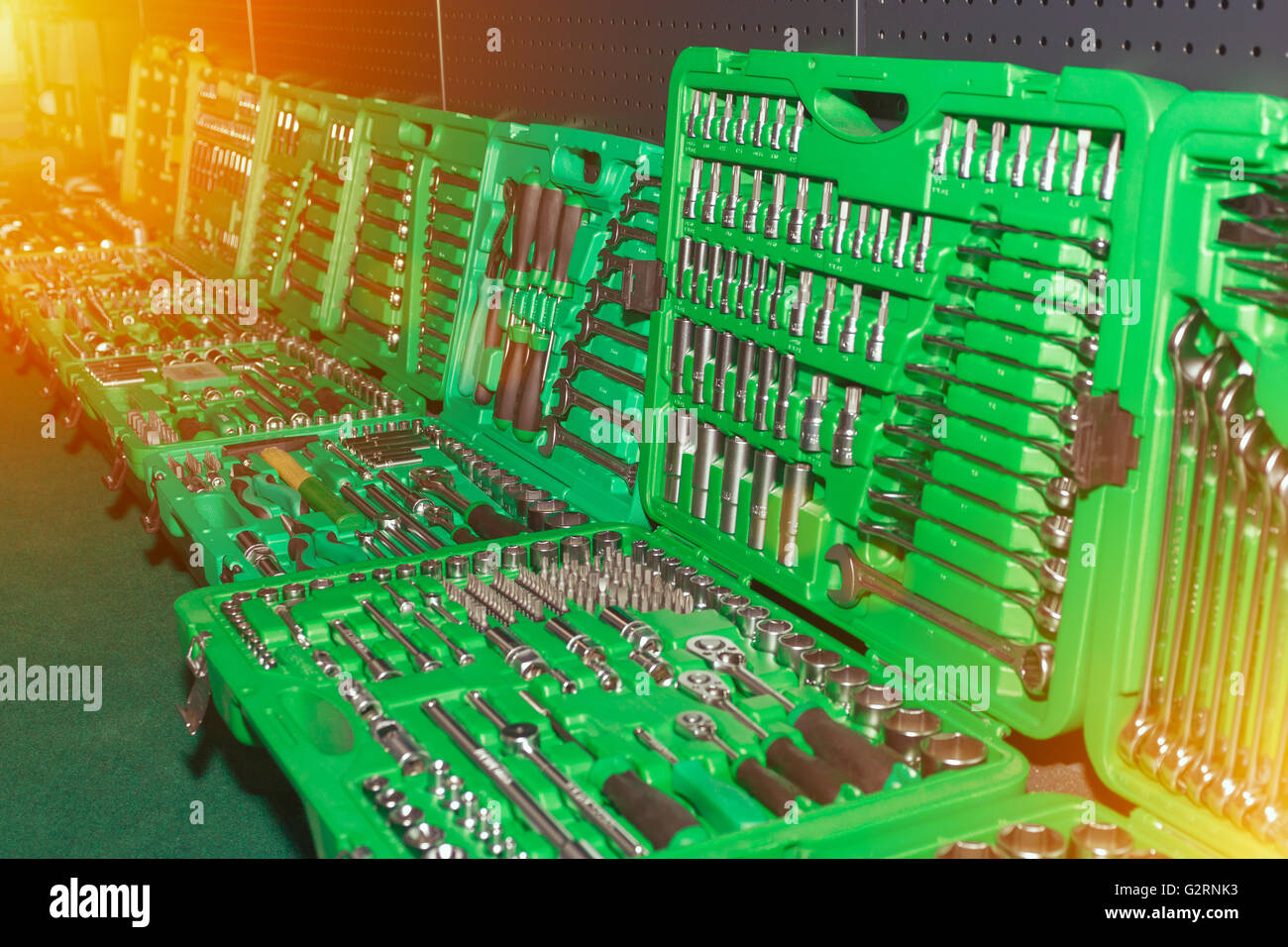 Toolboxes and toolkit in the shop Stock Photo - Alamy