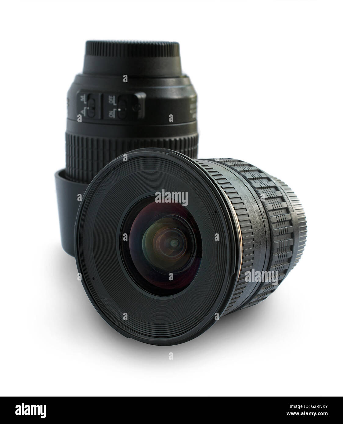 Wide-angle and telephoto camera lenses isolated on white background ...