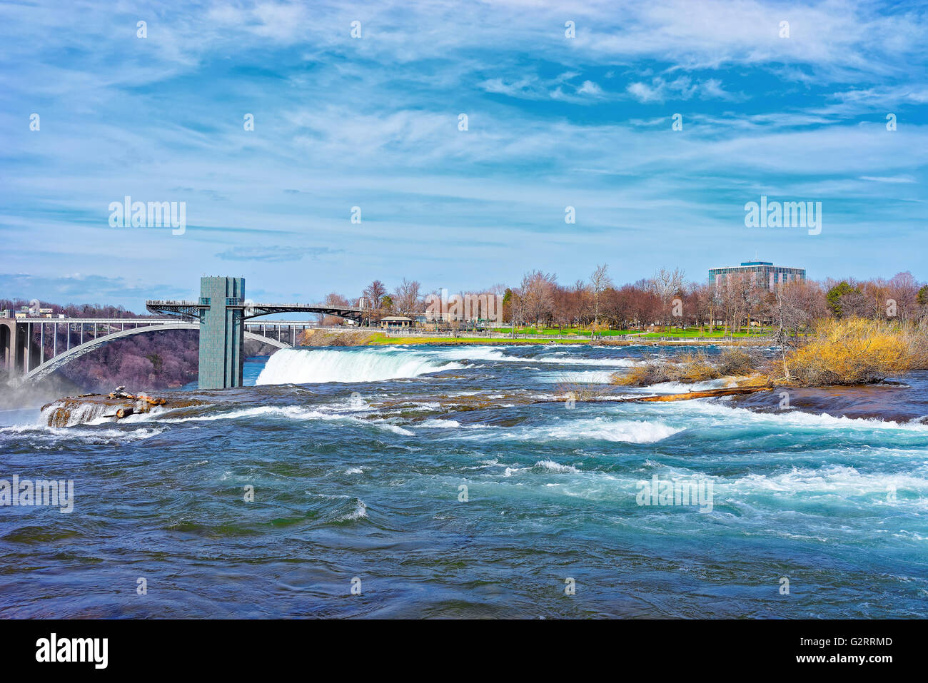 Niagara Falls and Rainbow Bridge over Niagara River Gorge from American ...