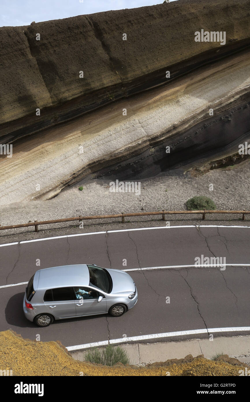 Mirador la Tarta (The Cake) in Teide National Park, shows layers of basalt and white pumis from ...