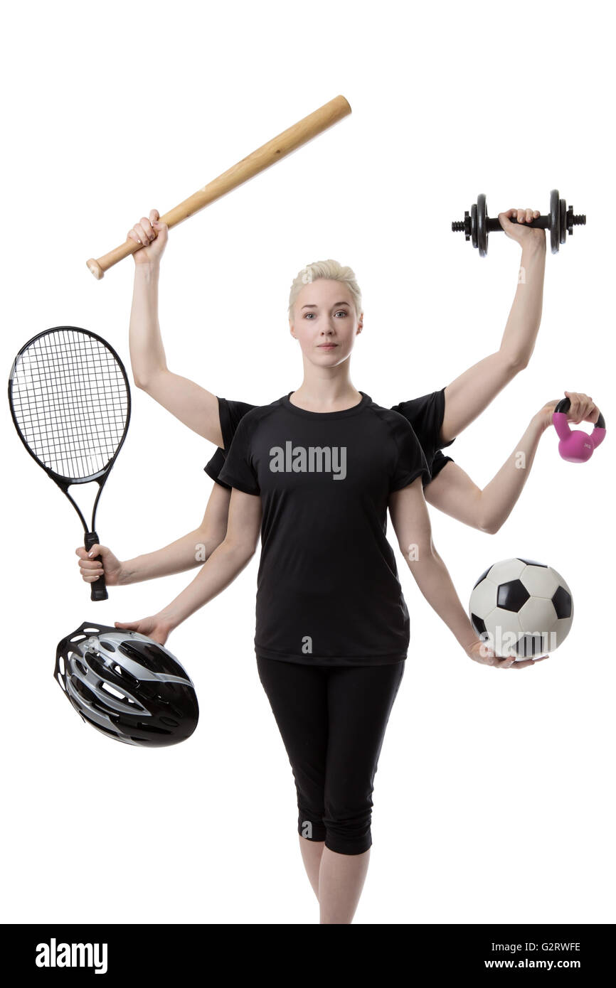 Woman many arms holding different Cut Out Stock Images & Pictures - Alamy