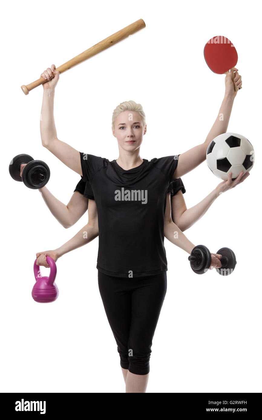 woman with six arms holding different sports items in each hand Stock ...