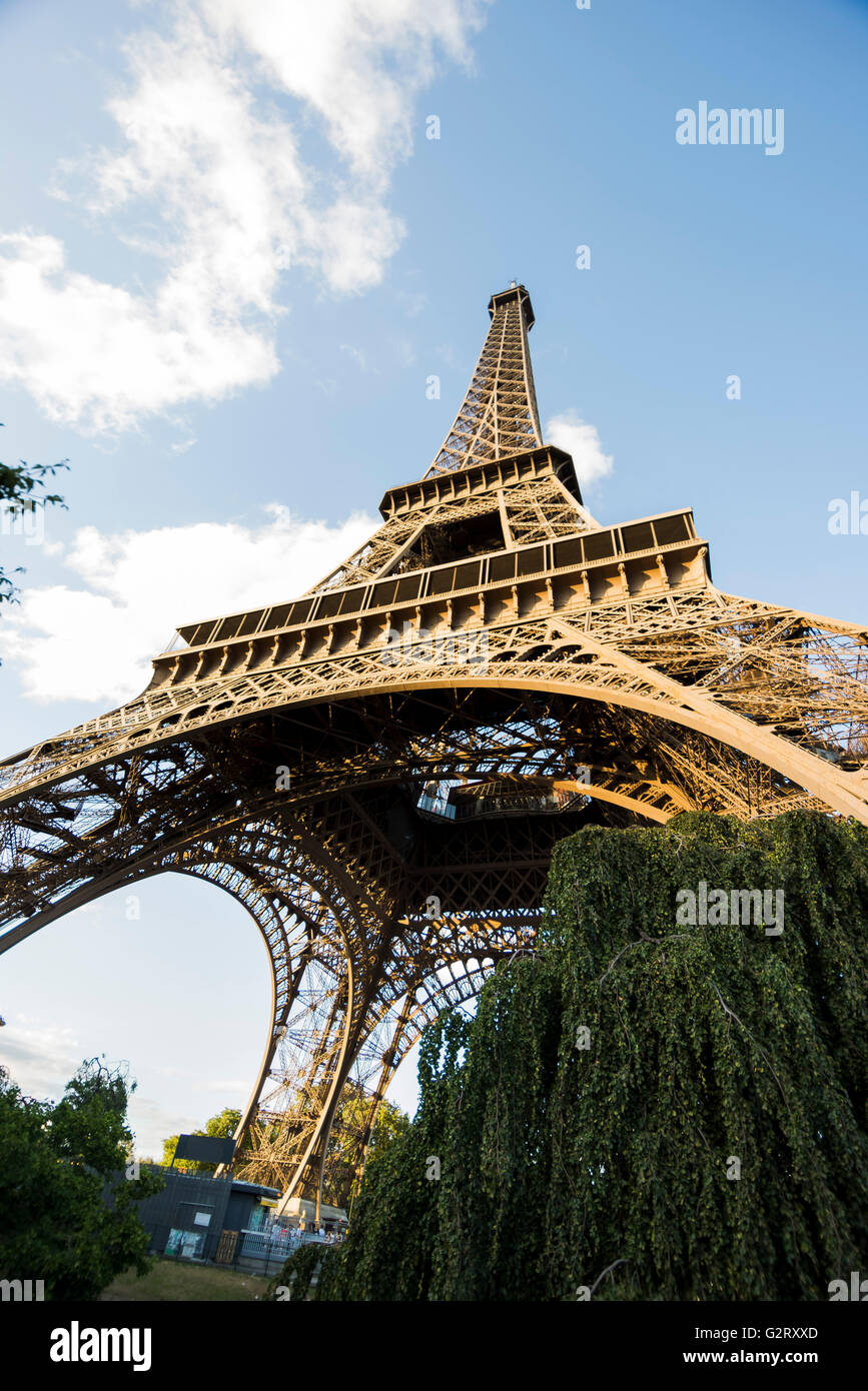 The view of the Eiffel tower from below on a sunny day, Paris, France ...