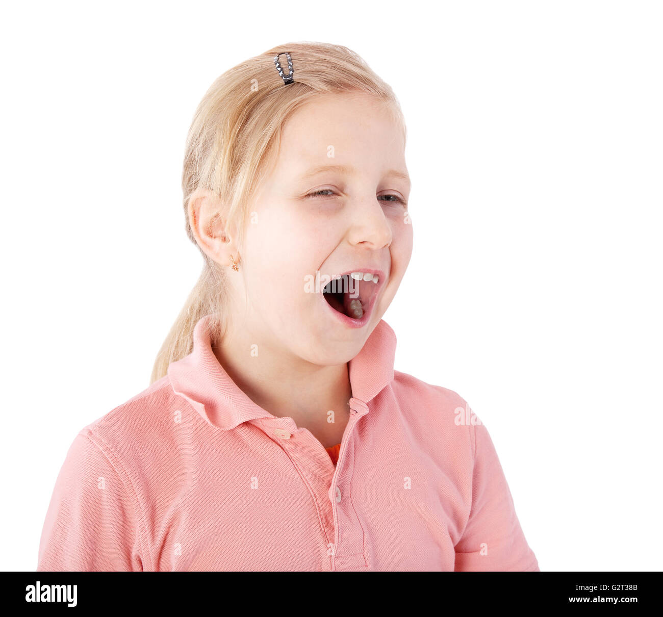 young tired girl yawning isolated on white Stock Photo - Alamy