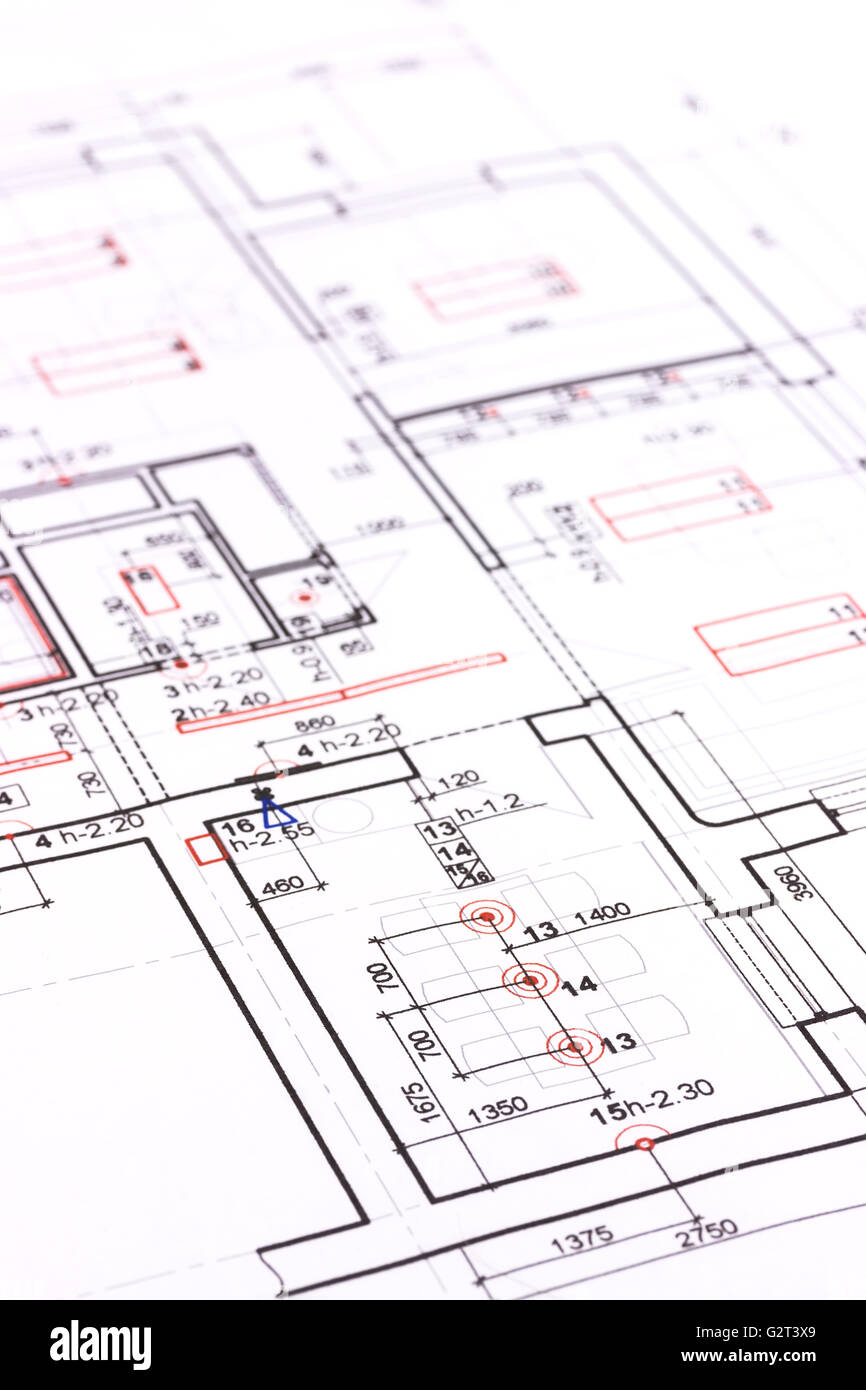 Architectural background with technical drawings and work tools Stock ...