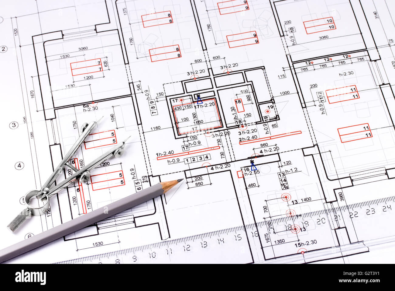 Architectural background with technical drawings and work tools Stock ...