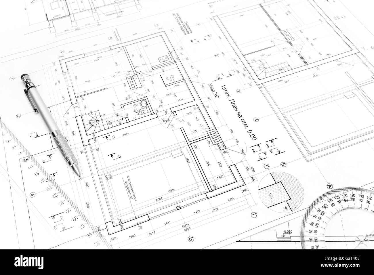 Architectural background with technical drawings and work tools Stock ...