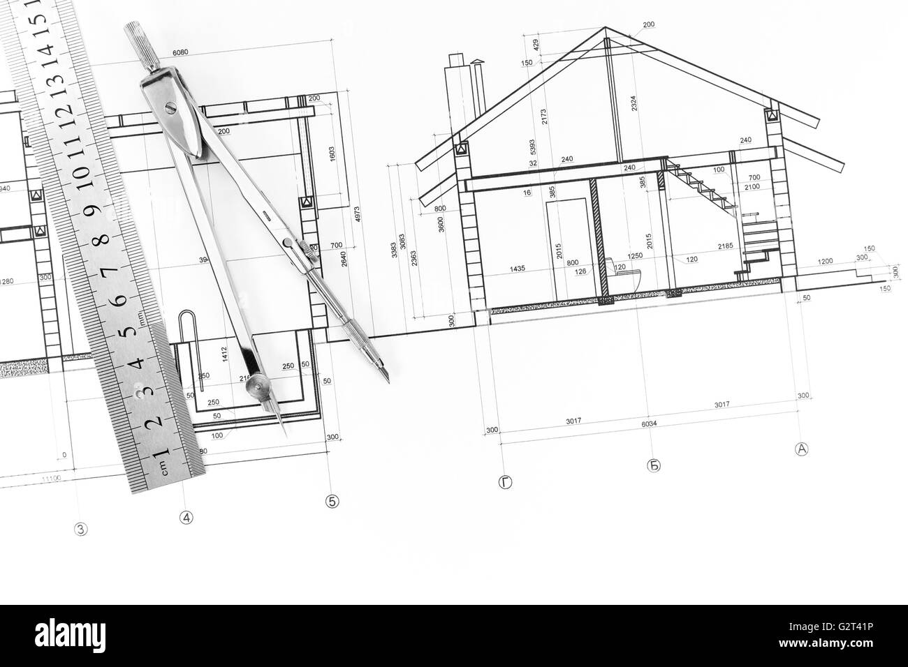 Architectural blueprints of new homes, ruler and drawing compass Stock ...