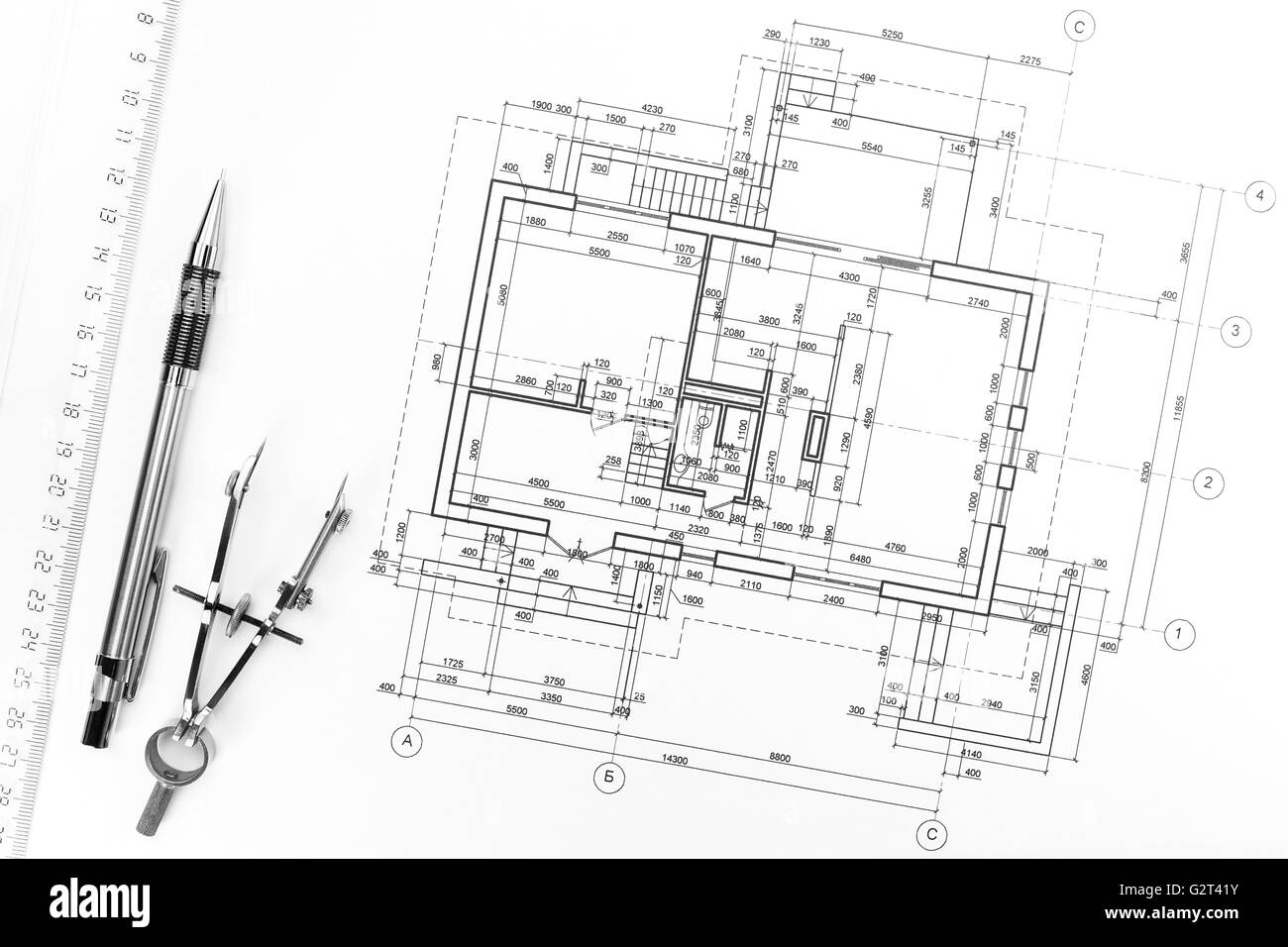 Architectural background with technical drawings and tools. Blueprints ...