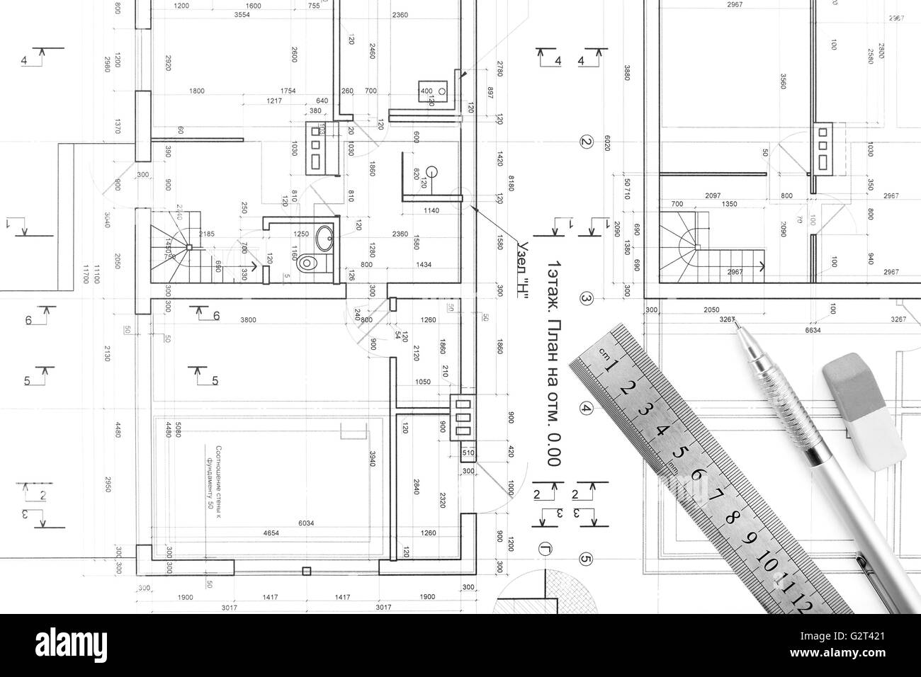 Architectural background with technical drawings and work tools Stock ...