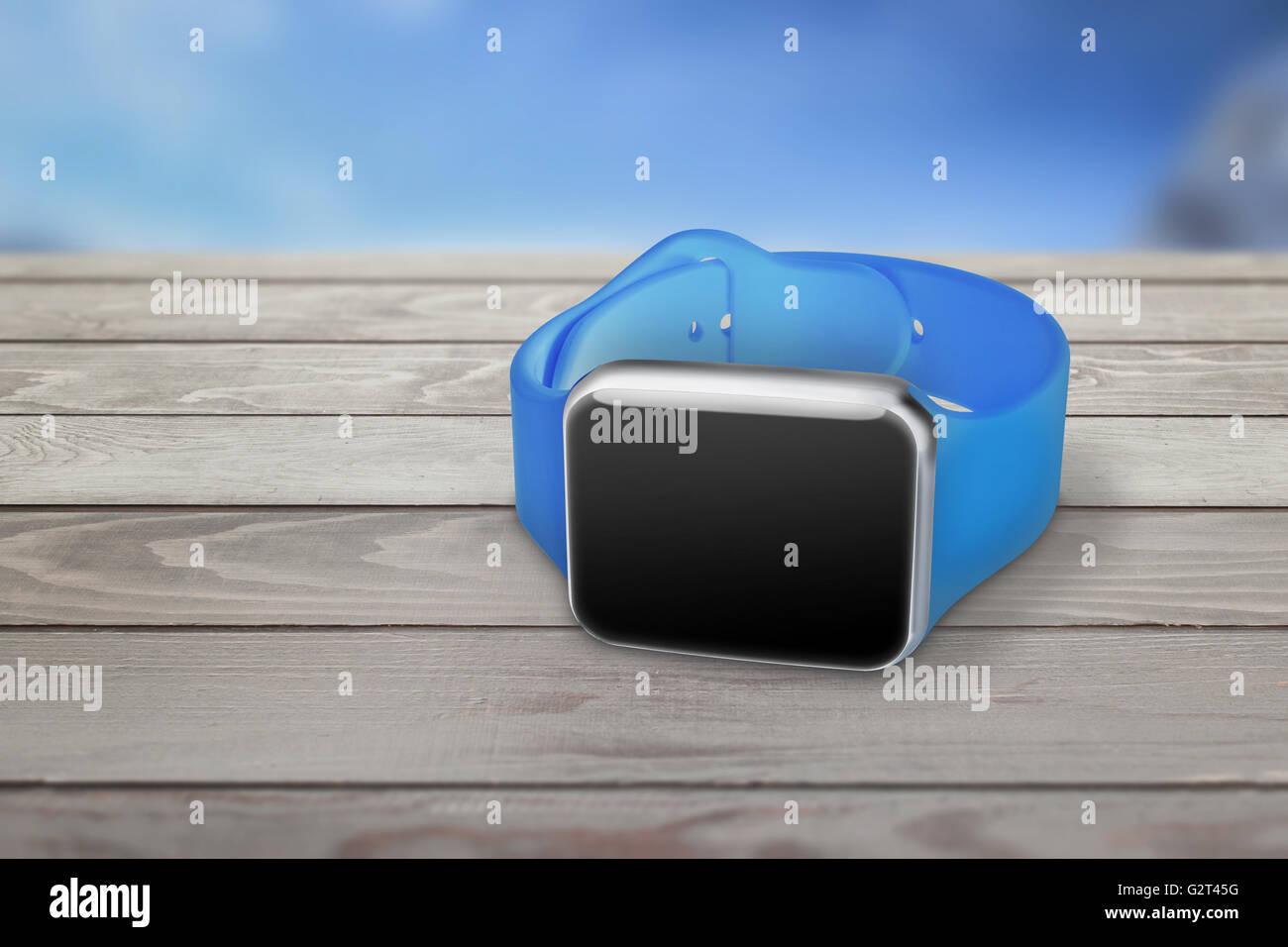 Smart watch on table with isolated, blank screen for mockup Stock Photo ...