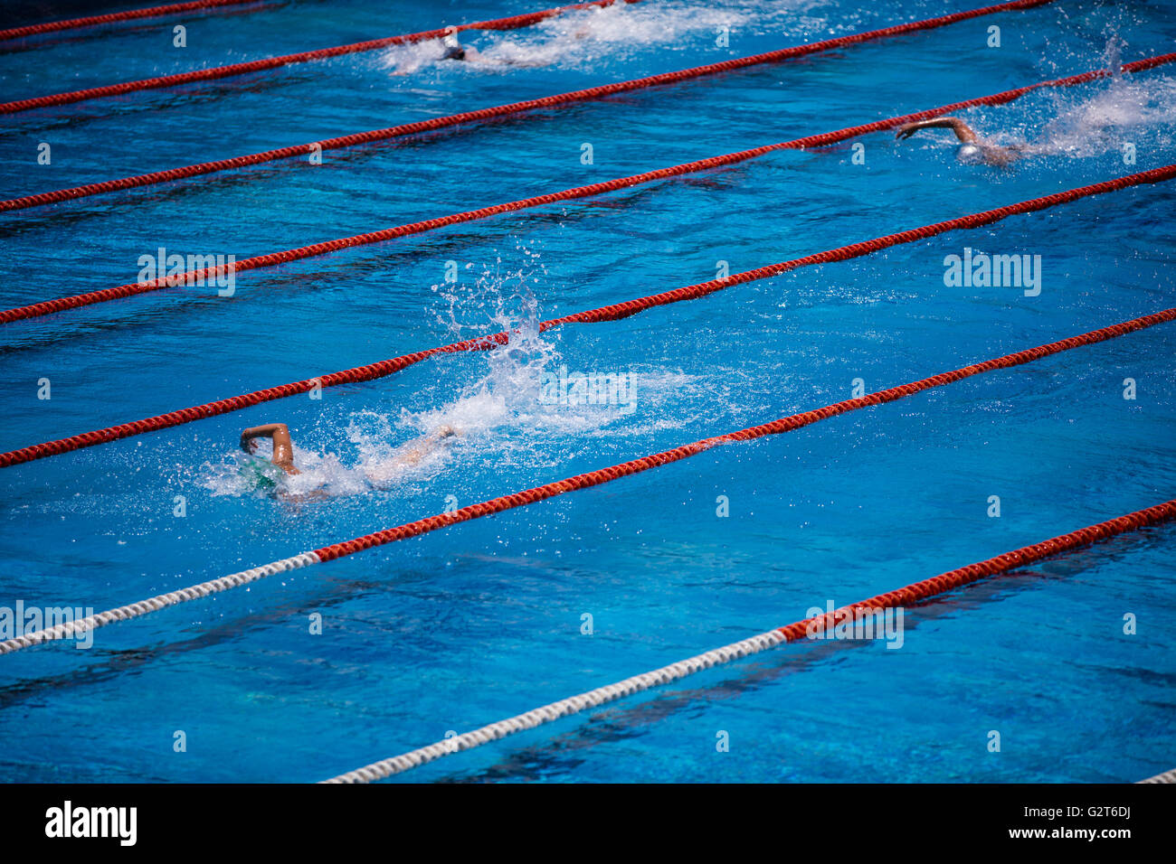 Empty olympic swimming pool with clear blue water and swimmer crawl ...