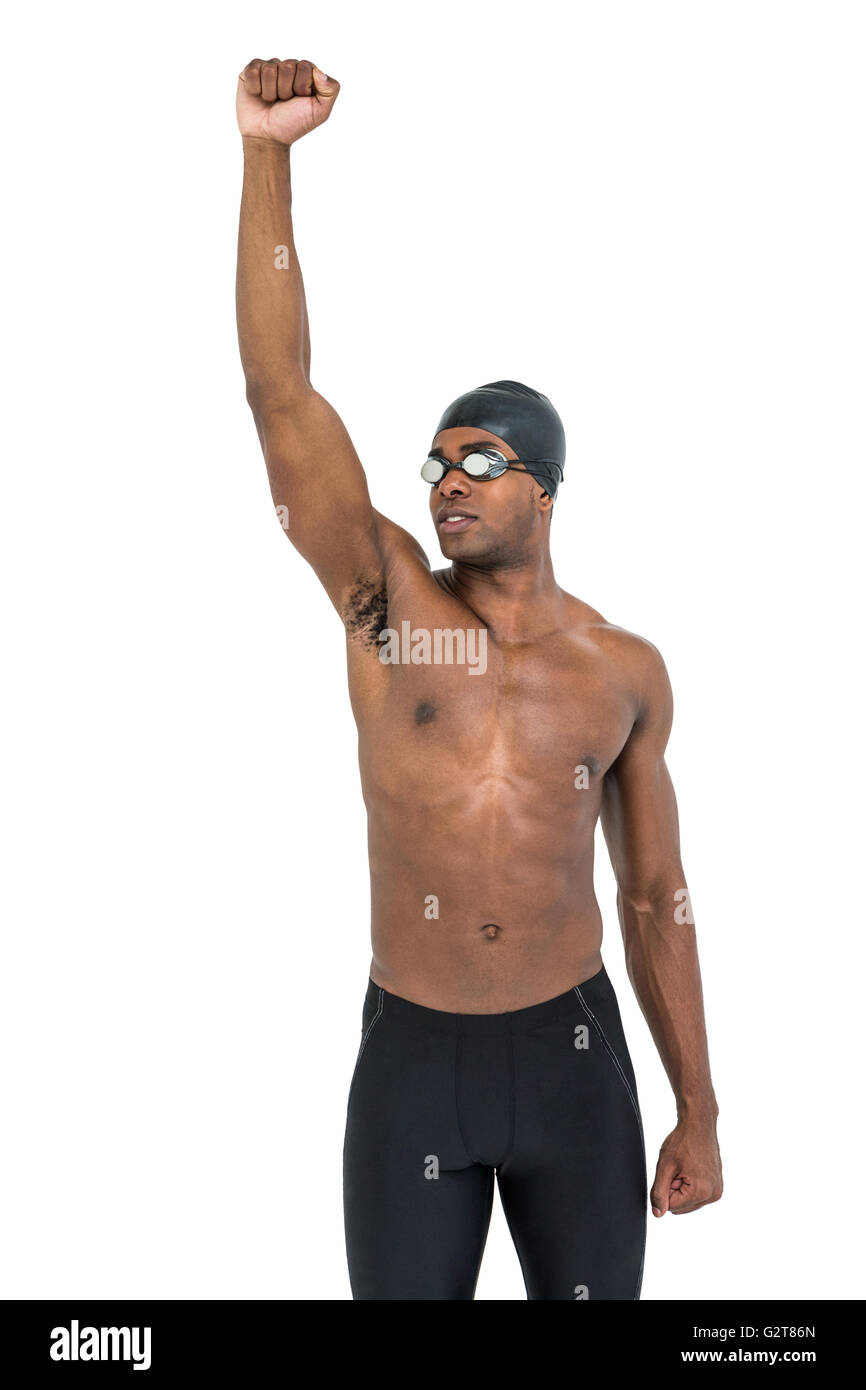 Swimmer posing after victory Stock Photo - Alamy